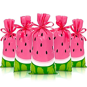 Whaline 100Pcs Watermelon Treat Bags Pink Green Candy Cellophane Bag 10.8 x 5 Inch Watermelon Plastic Goody Bags with Red Ribbon for Birthday Watermelon Party Favor Supplies Gift Summer Decoration