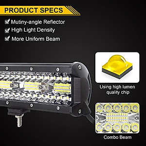 Willpower 15 inch 300W LED Light Bar Spot Flood Combo Triple Row Driving Light Off Road Lights LED Pods Cubes Rocks + Wiring Harness Kit for 4X4 4WD Car ATV UTV SUV Truck Tractor Trailer, 12V 24V DC