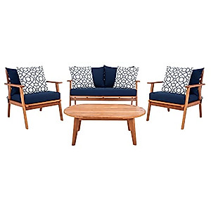 SAFAVIEH Outdoor Collection Deacon Acacia Wood Cushion 4-Piece Conversation Patio Set with Accent Pillows PAT7050E, Navy/Natural
