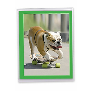 NobleWorks - Hilarious Happy Birthday Card with Envelope (8.5 x 11 Inch) - Funny Animal Greeting Card From All Of Us - Skating Bulldogs - Green Wheels J9517EBDG-US