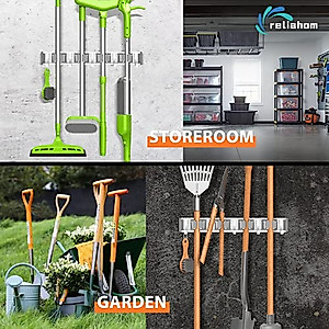 reliahom Broom Holder Mop Hanger Wall Mount Metal Organization Garage Storage System Garden Kitchen Tool Organizer (4 Racks with 5 Hooks, Silver)