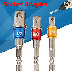 ACENIX 3 Pcs Set Power Hand Tools Driver Extension Socket Adapter Sets, 3Pcs 1/4" 3/8" 1/2" Hex Shank Bit Square Nut Driver Set Power Drill Cordless Impact Sockets Bit Set Adapter