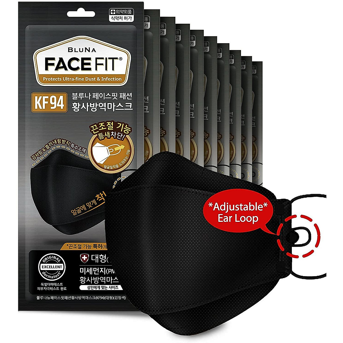 BLUNA FACE FIT [10 Pack :: Authentic [Black] Premium KF94 Certified Mask [Adjustable Ear Loop] [Large][Made in Korea]