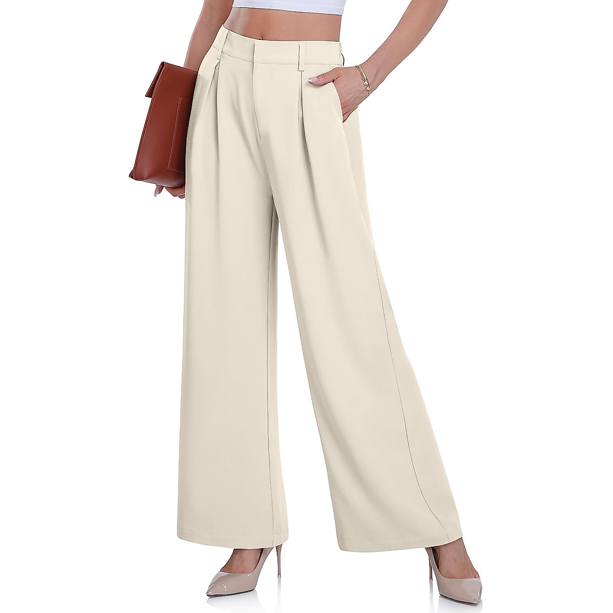 DACESLON Wide Leg Dress Pants Womens 2024 Summer Business Work Trousers Straight Dressy Suit Slacks Clothing (Beige, XL)