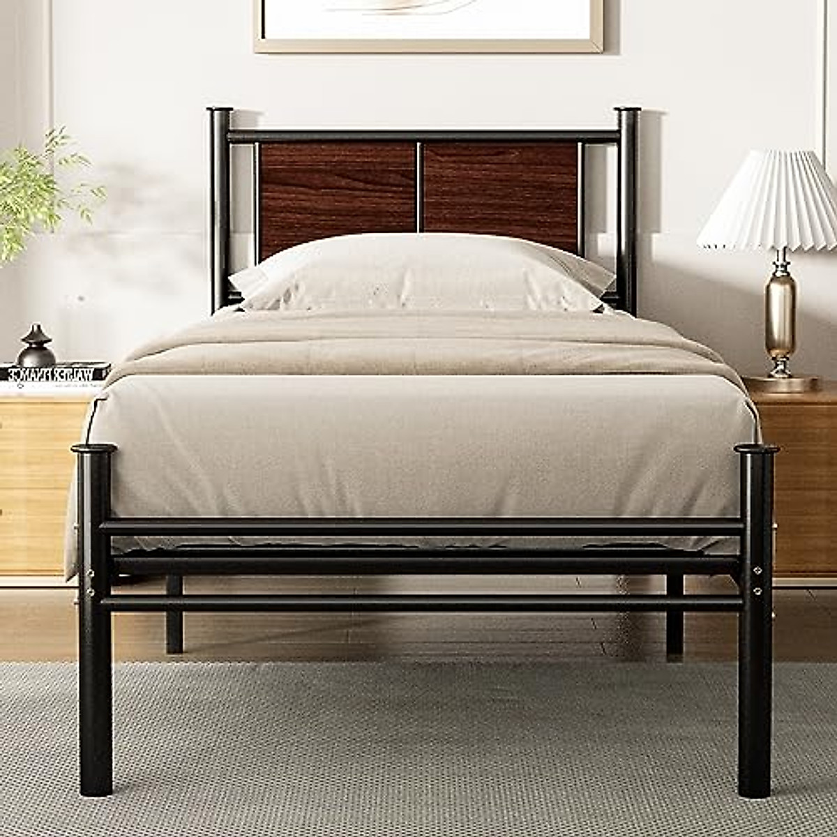 HAOARA Twin XL Size Bed Frame with Rustic Wood Headboard, Metal Heavy Duty Platform Frame, Sturdy Steel Slat Support, No Box Spring Needed, Black