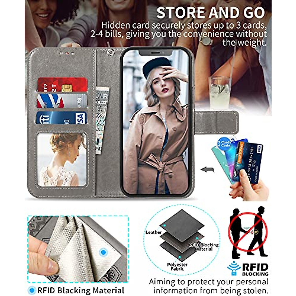 CASEOWL iPhone 13 Wallet Case - Magnetic Detachable 2-in-1 Mandala Embossed Leather with RFID Blocking, Card Holder, Hand Strap (Gray)