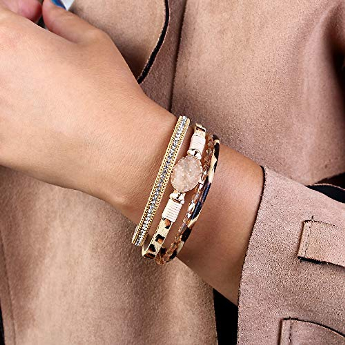 FANCY SHINY Leather Wrap Bracelet Boho Cuff Bracelets Crystal Bead Bracelet with Clasp Jewelry Gift for Women Teen Girls(7.7", Tan Leopard)