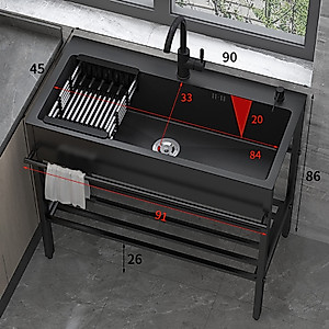 Vardeau Freestanding Stainless Steel Black Utility Sinks,Commercial Kitchen Washing Sink 1Compartment with Faucet,Heavy Duty Hand Washing Basin, 90x45x86cm