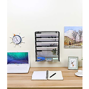 PAG Hanging Wall File Holder Mail Organizer Metal Chicken Wire Wall Mounted Literature Rack, 6 Tier, Black