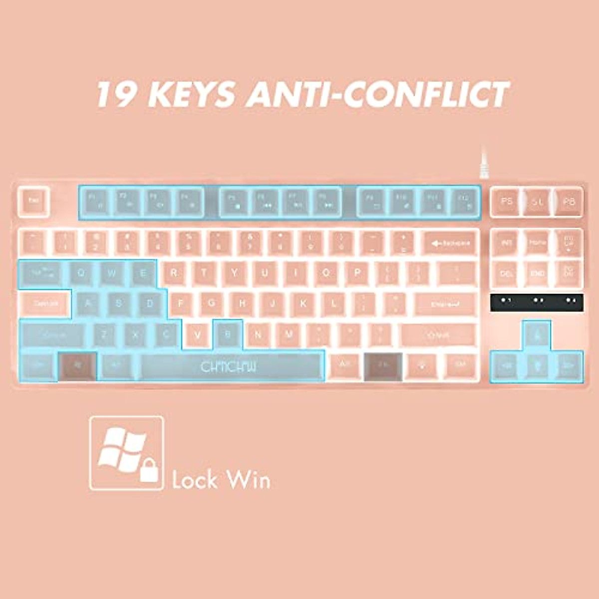 Gaming Keyboard and Mouse Pink Keyboard with White Backlit,CHONCHOW USB Wired 87key Gaming Keyboard Mini and Mouse 3600DPI,19 Keys No-Conflict, Illuminated Keys Compatible with PC/Ps4，Ps5/Xbox/Mac