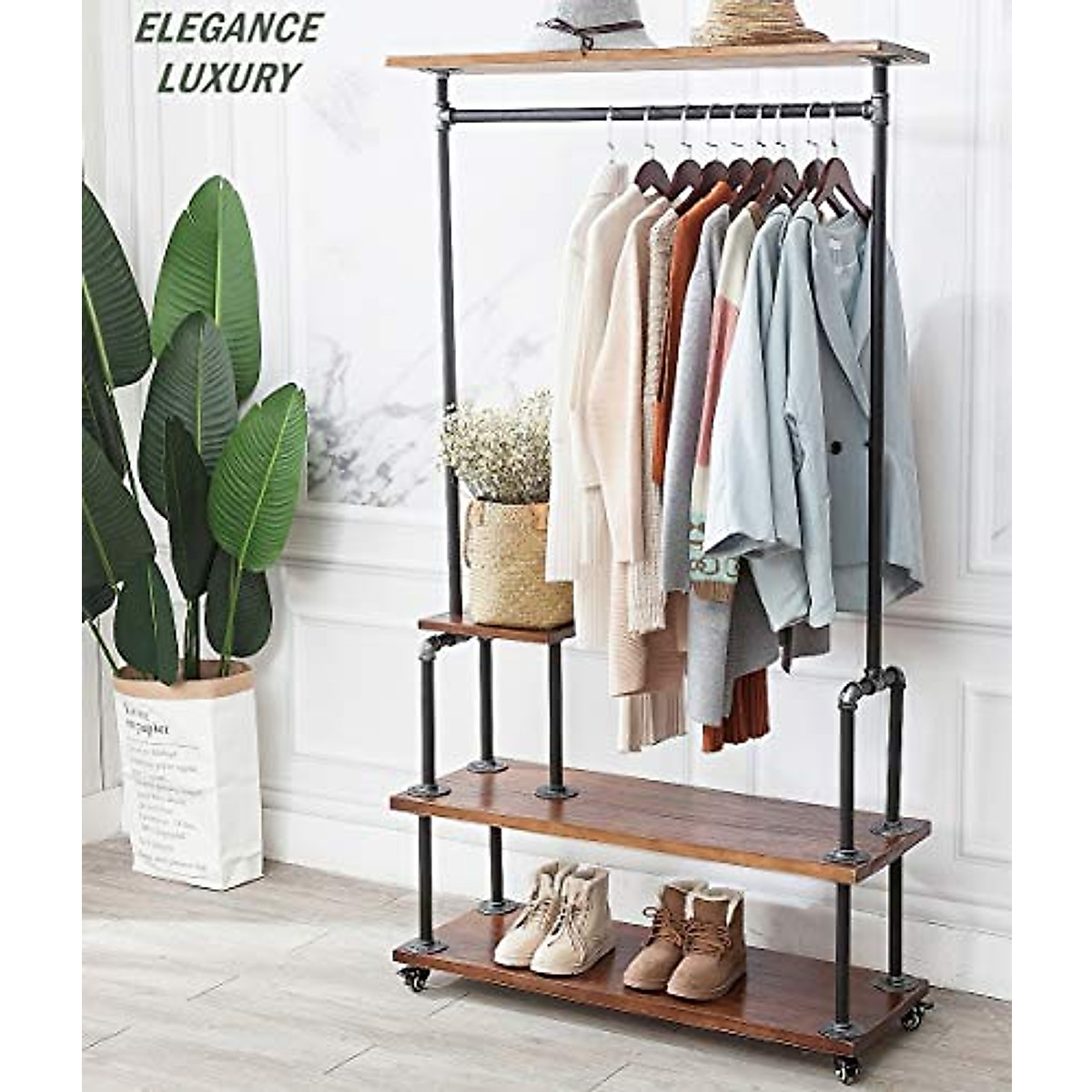 DOFURNILIM Industrial Clothing Rack, Pipe Style Rolling Garment Rack, Heavy Duty Steampunk Clothes Rack, Hall Tree on Wheels with Shelf and Shoes Storage for Home, Retail Store, Rustic Wood