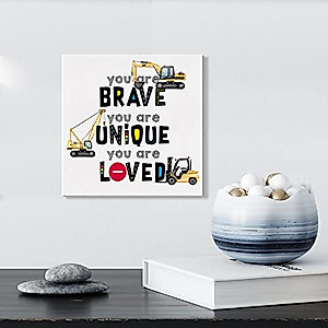 Inspirational Construction Nursery Sign Wall Art Prints Canvas Painting Construction Truck Transportation You are Brave Unique Loved Print Home Boys Bedroom Decor 8" x 8"