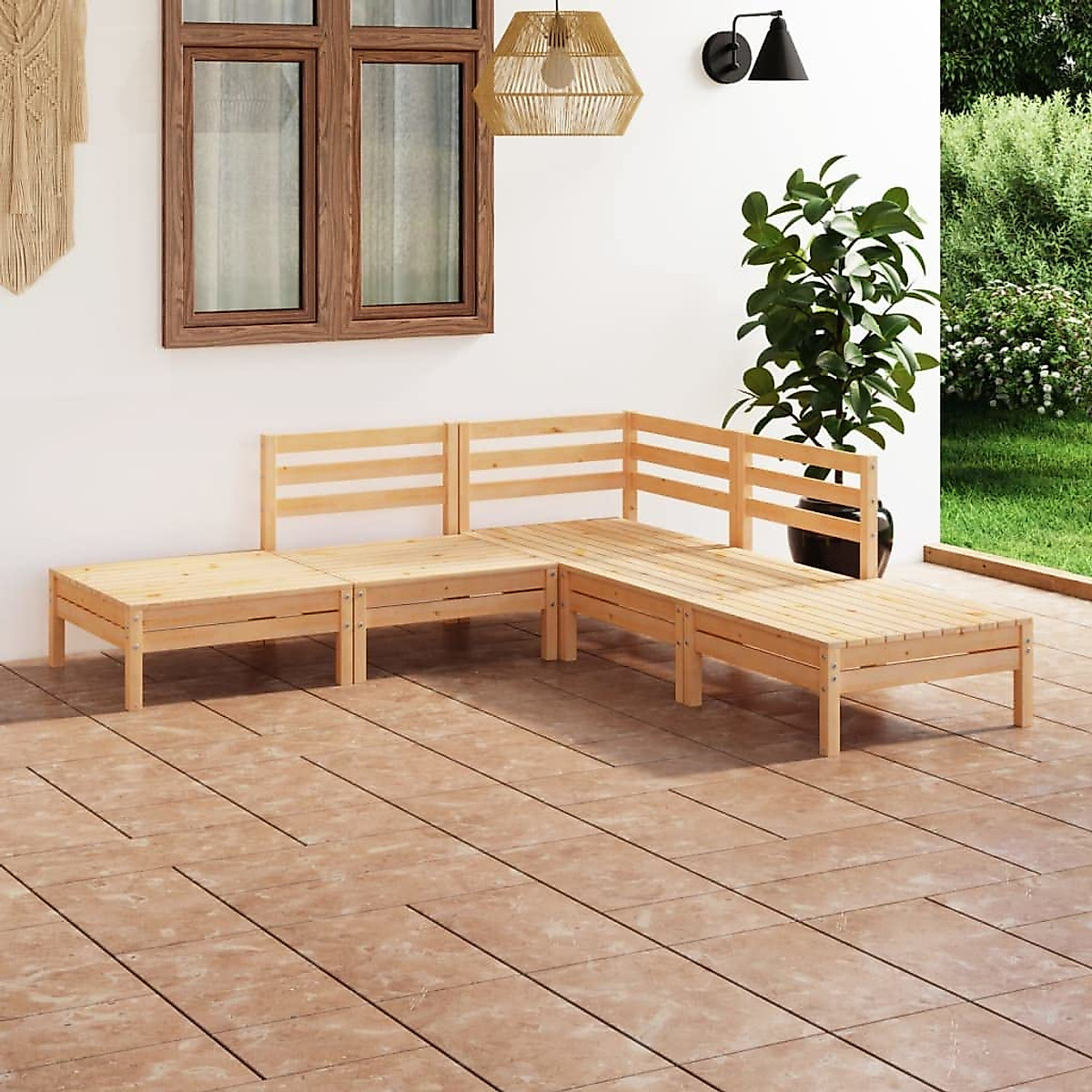 vidaXL 5-Piece Patio Lounge Set in Solid Pinewood- Rustic Pallet-Design Outdoor Furniture with Corner Sofa, Middle Sofas, Footstools/Tables- Easy Assembly- Lounge Set for Patio/Garden/Living Room