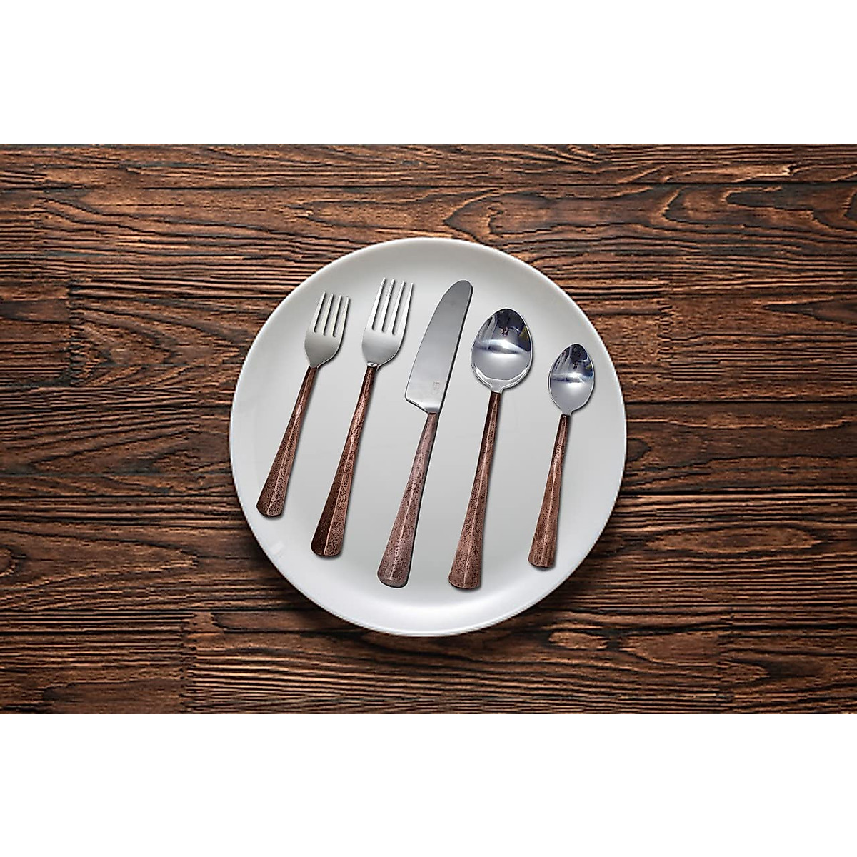 Bold & Divine Ridge Copper 5pcs Flatware Cutlery Set, Premium Stainless Steel Cutlery Set Service for 1 Include Knife/Fork/Spoon, Solid Stainless Steel Flatware