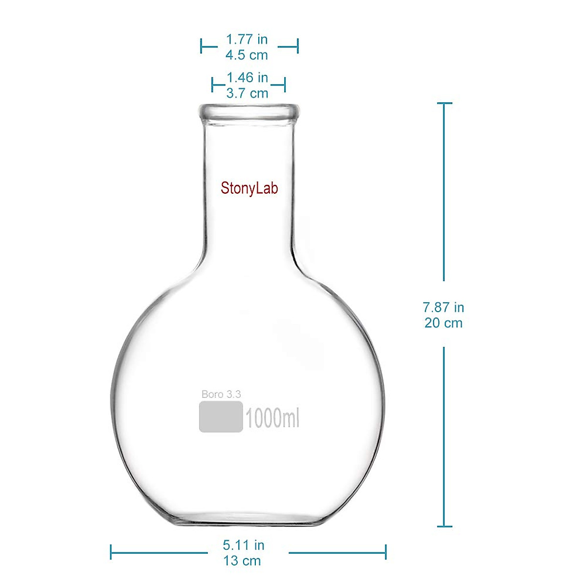 StonyLab Glass 1000ml Long Neck Flat Bottom Flask, Borosilicate Glass Heavy Wall Flat Bottom Boiling Flask with Long Neck, 1000ml (1 Liter)