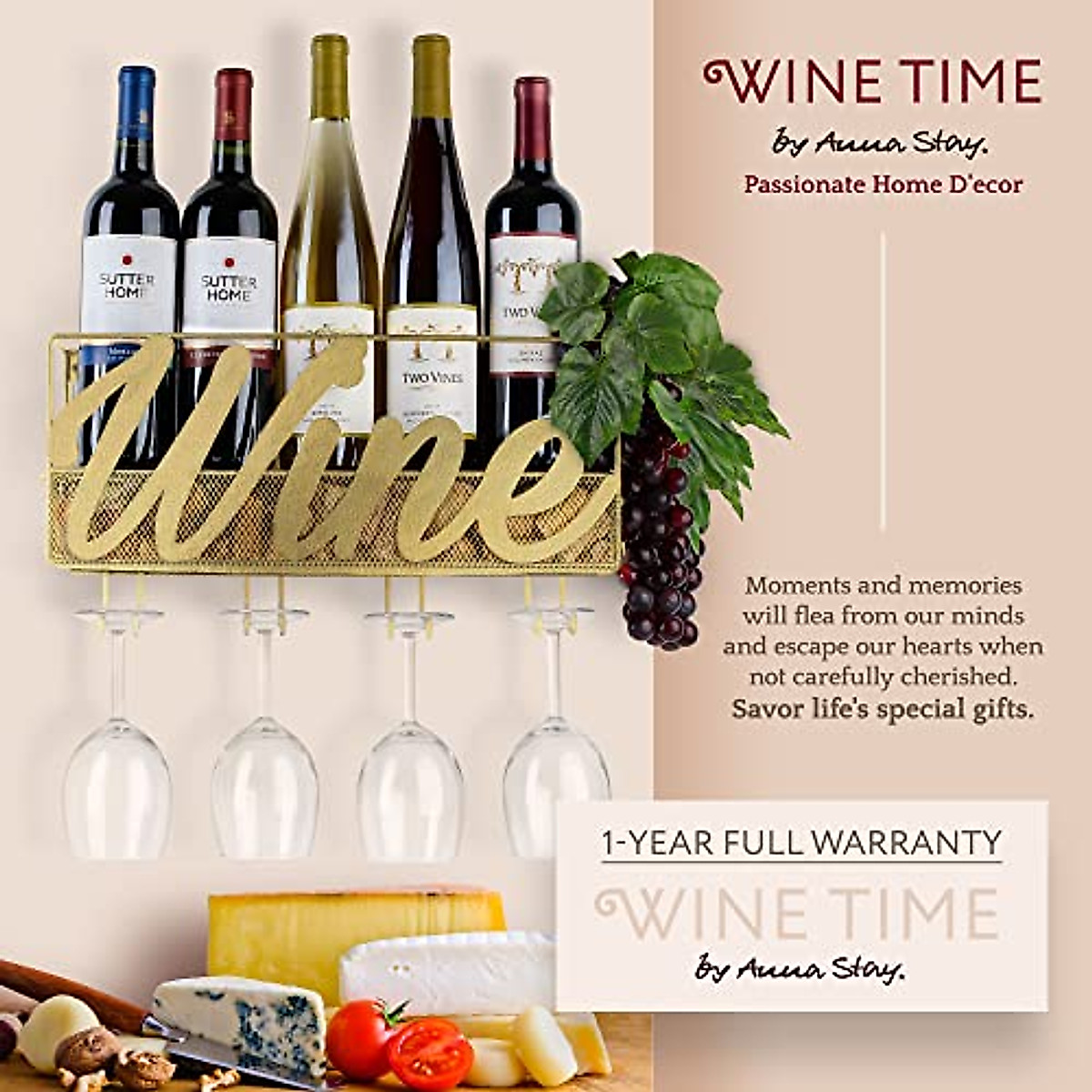 Anna Stay Wine Rack Wall Mounted - Decorative Wine Rack with Wine Glass Holder, Wall Mounted Wine Rack inc Cork Storage & Wine Charms, Wine Gifts with Wine Bottle Holder for Wine Decor