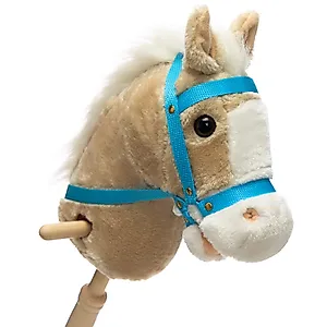 HollyHOME Stick Horse Plush Handcrafted Hobby Horse on a Stick with Wood Wheels Real Pony Neighing and Galloping Sounds for Kids Toddlers Beige 36 Inches(AA Batteries Required)