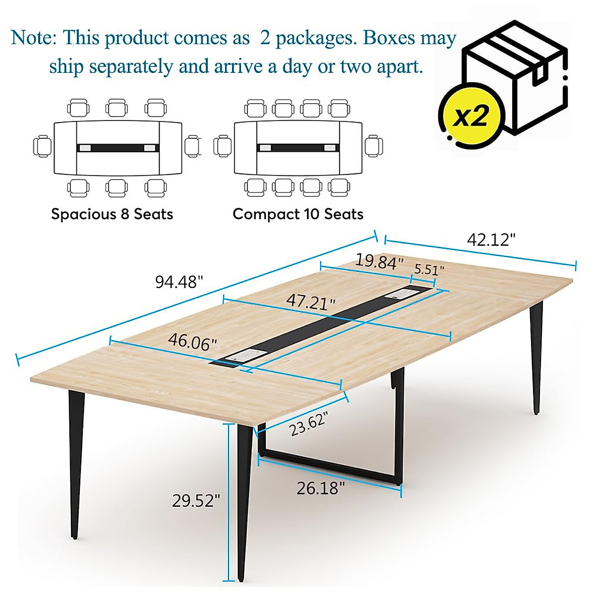 Tribesigns 8FT Conference Table, 94.48L x 47.24W x 29.52H Inches Large Boat Shaped Meeting Seminar Table with Cable Grommets, Modern Conference Room Table for Office (Light Wood Grain, 8ft)