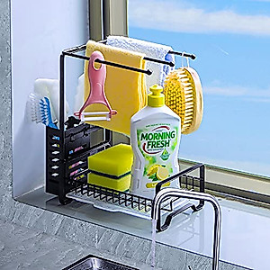 Feverdes Sponge Holder with Drain Pan for Kitchen Sink, Metal Kitchen Sink Caddy Organizer Dish Soap Holder with Drainboard for Kitchen, Bronze