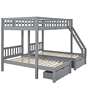 RUNWON Full Over Twin Wood Triple Bunk Bed with 2 Drawers for Kids Adults Bedroom,Detachable to 3 Platform Beds,No Box Spring Needed