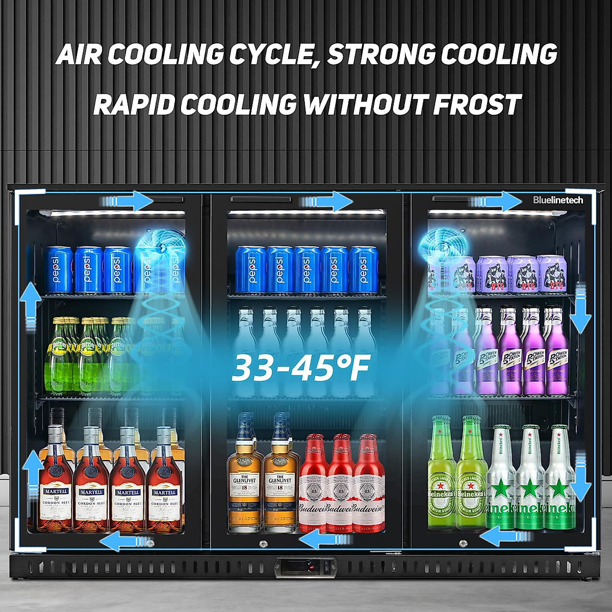 BLUELINETECH Back Bar Cooler, 3 Glass Door Commercial Beverage Cooler Undercounter Refrigerator with LED Lighting, 11.5 cu.ft, 53” Wide