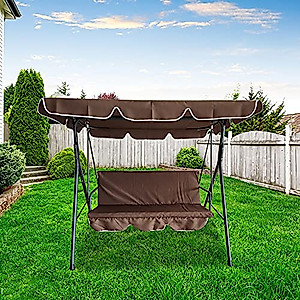 Outdoor Porch Swing, 3 Person Patio Swing Seat with Sunshade Canopy, Strong Weather Resistant Steel Frame, Outdoor Porch Swing Chair Bench for Patio, Garden, Poolside, Balcony, Backyard (Coffee)
