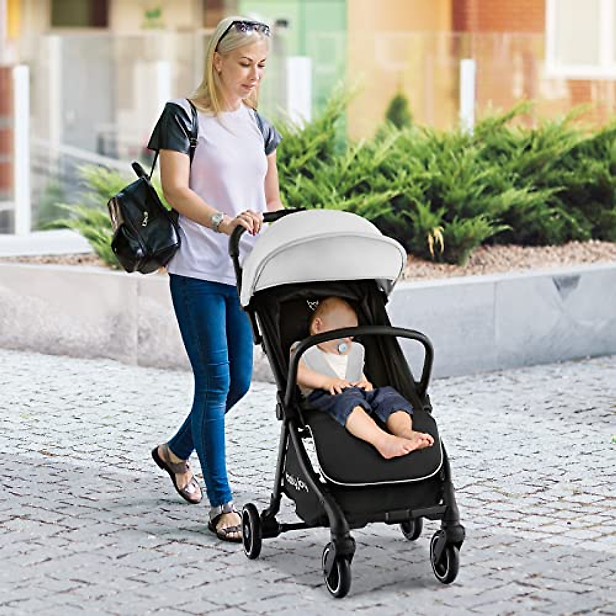 BABY JOY Lightweight Baby Stroller, Compact Travel Stroller for Airplane, Infant Toddler Stroller w/Adjustable Backrest & Canopy, Storage Basket, Self Standing Gravity Fold, Aluminium Frame (Gray)