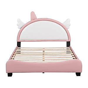 Bellemave Full Size Princess Bed Frame with Unicorn Shape Headboard,PU Upholstered Princess Full Bed for Girls,Kids Full Platform Bed(Full,Pink)