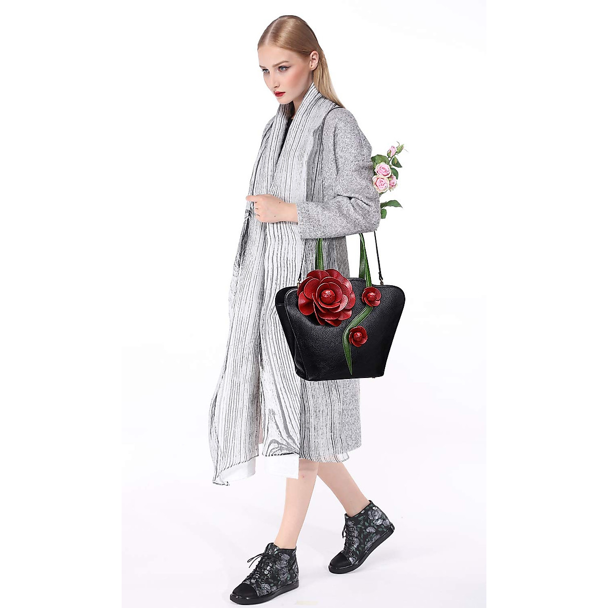 PIJUSHI Designer Floral Purses and Handbags for Women Top Handle Satchel Handbag Ladies Shoulder Bag（20105 Black）