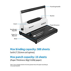MAKEASY Coil Spiral Binding Machine - Manual Hole Punch - Electric Coil Inserter - Adjustable Side Margin - for Letter Size/A4/A5, Comes with 100pcs 5/16'' Plastic Coil Binding Spines & Plier