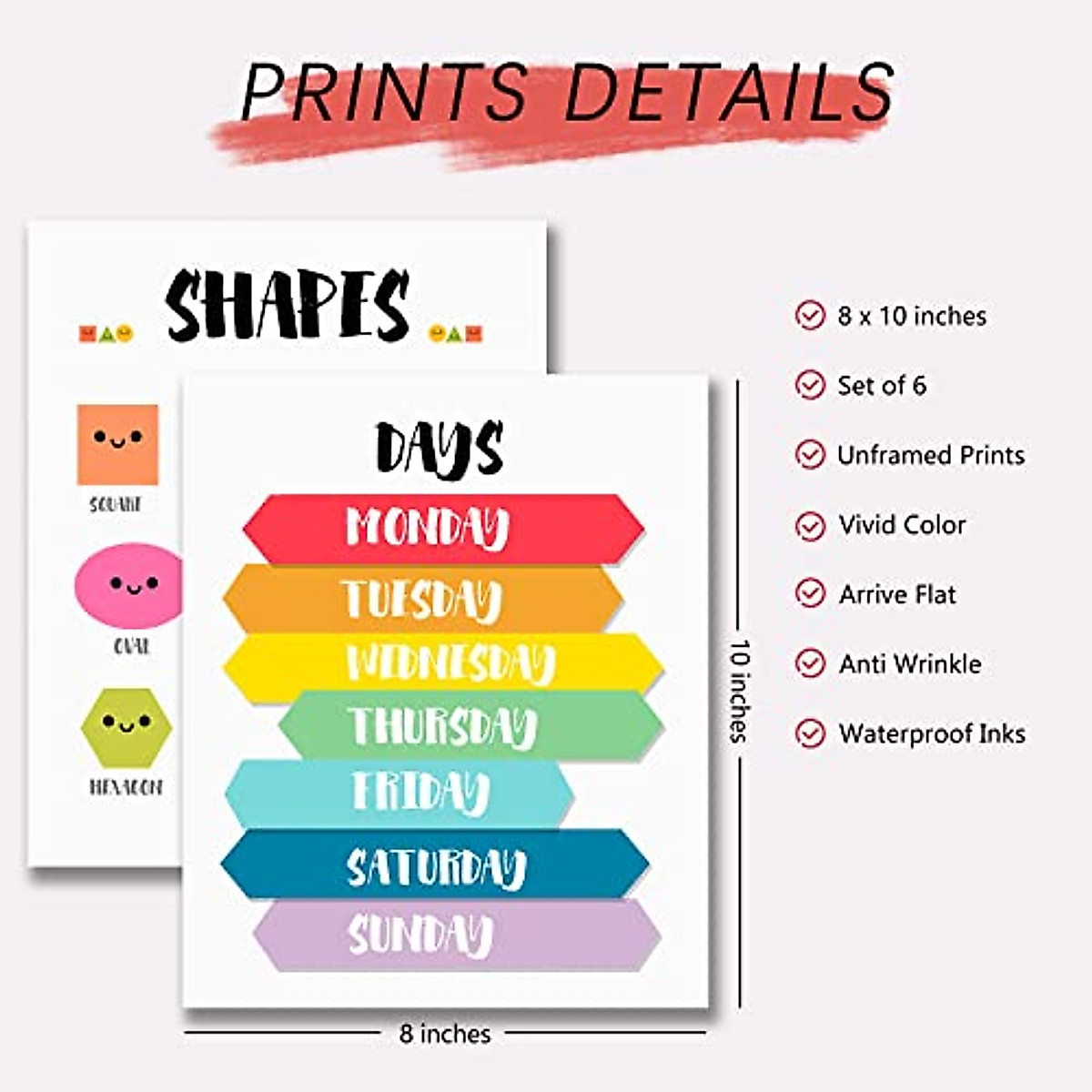 ARPEOTCY Rainbow Kids Playroom Wall Decor, Colorful Wall Art Posters, Educational Wall Art Prints for Nursery Wall Decor, Set of 6, 8x10in, Unframed