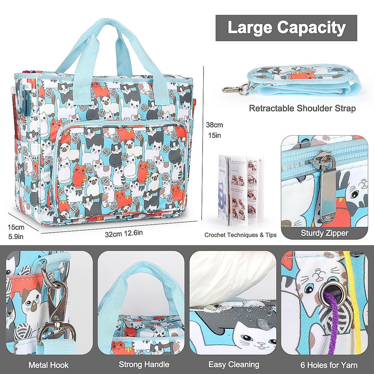 Katech Upgraded Crochet Bag Organizer Yarn Storage Bag with Beginner Crochet Books, Crochet Tote Bags Knitting Bag Yarn Bags for Crocheting Crochet Accessories Knitting Crochet Supplies (Multipocket)