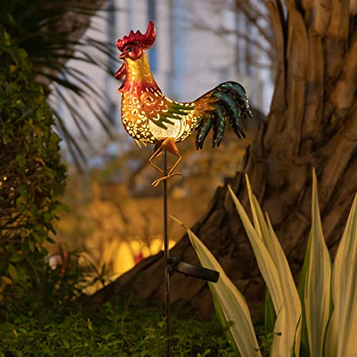 Tryme Solar Lights Outdoor Decorative Rooster Garden Decor Chicken Crackle Glass Globe Stake Lights Waterproof Warm White LED Yard Decor for Pathway Lawn Patio Courtyard Backyard