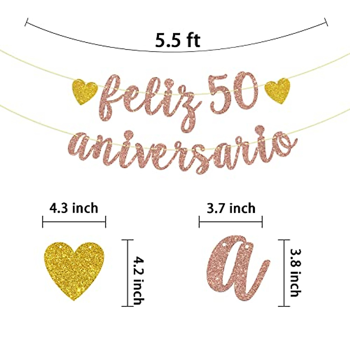 Feliz 50 Aniverasrio Banner, Rose Gold Glitter Happy 50th Anniversary Sign, 50th Birthday Wedding / Aniverasrio / Cheers to 50 Years Party Decorations Supplies