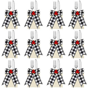 DULEFUN 12pcs Christmas Silverware Holders, Linen Christmas Cutlery Holders Classical Buffalo Plaid Xmas Flatware Tableware Holder Bags Christmas Utensil Holder for Christmas Table Setting Decorations