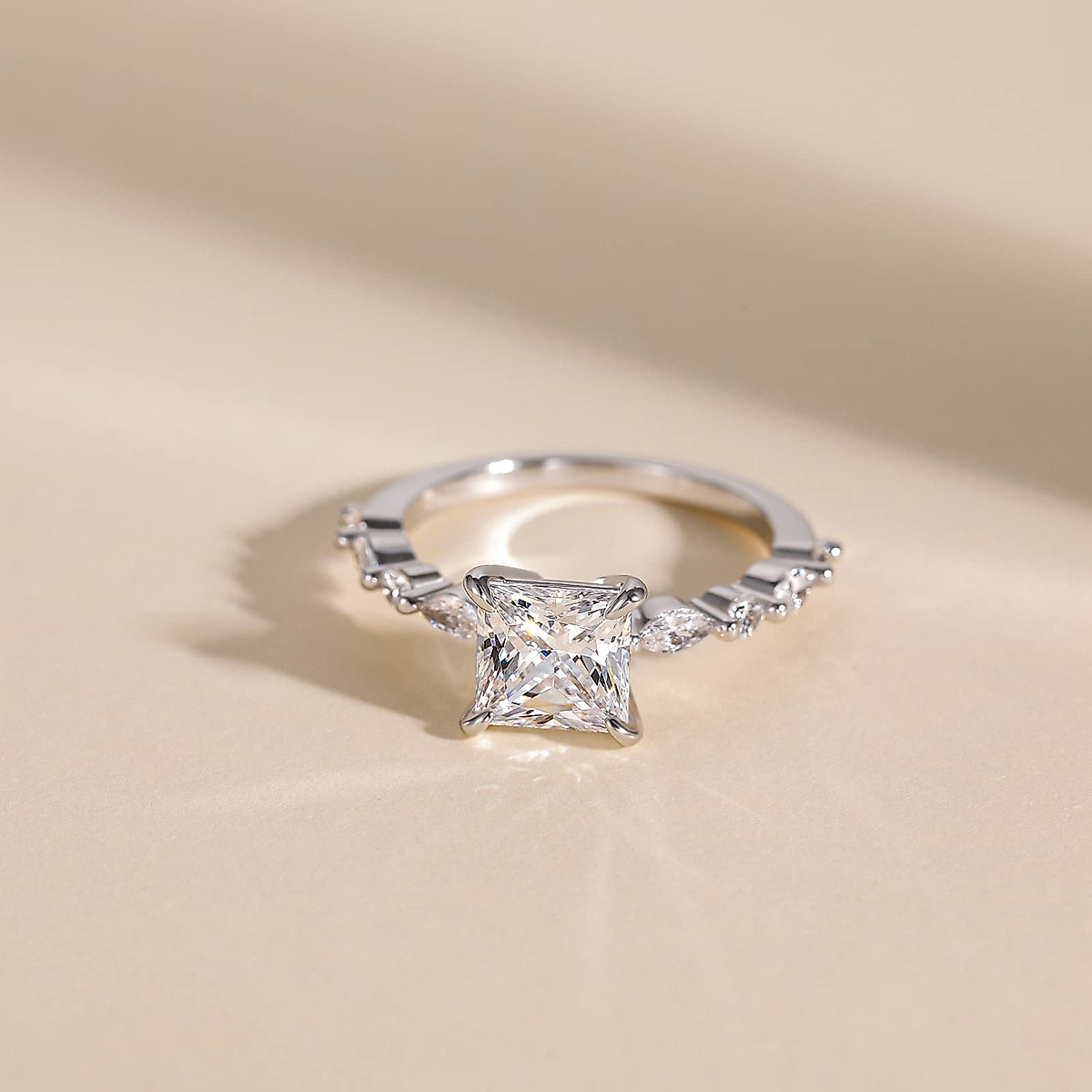 EAMTI 2CT 925 Sterling Silver Ring Princess Cut CZ Engagement Ring Marquise & Round Cubic Zirconia Wedding Band For Women Size 7