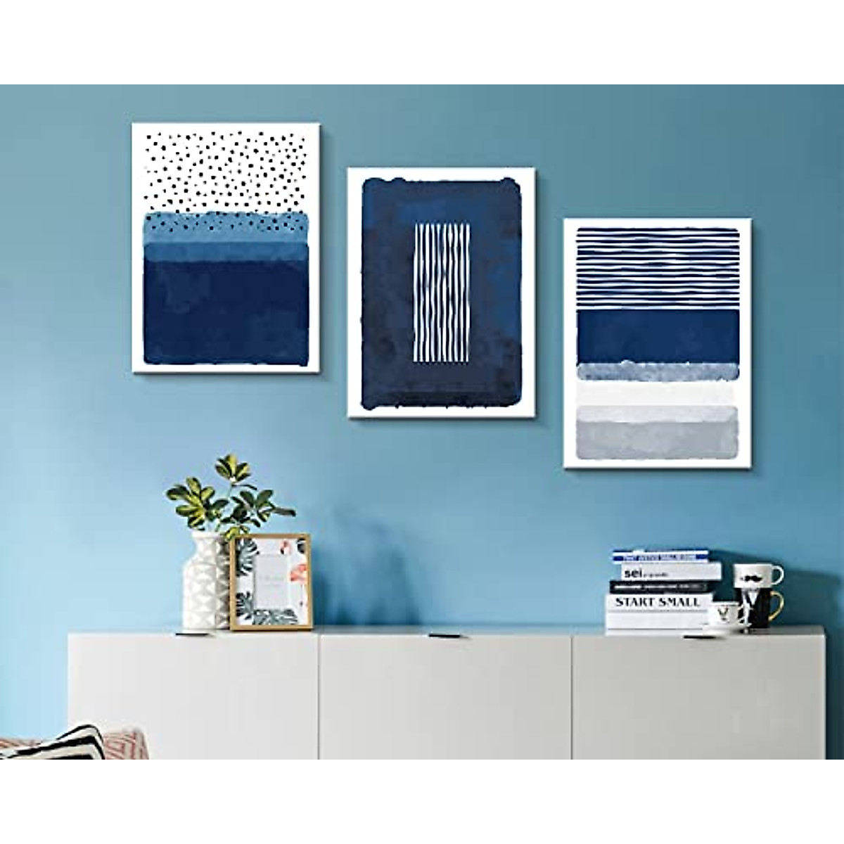 Creoate Blue Canavs Wall Art for Living Room Decor 3 Pieces Abstract Blue and White Painting Canvas Print Framed Artwork Set for Bedroom Decor Navy Blue Canvas Wall Decor, Ready to Hang, 12x16 Inch x3pcs