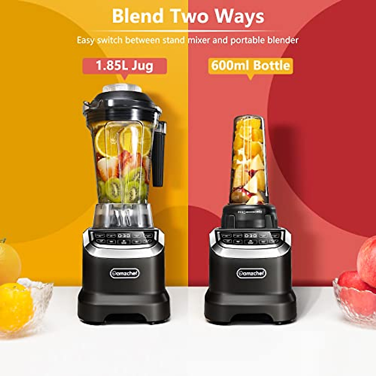 AMZCHEF Professional Blenders for Kitchen, 1800 W Smoothie Blender with 2 Blend Way, 4 Functions and 3 Speeds, 63 oz Blender for Smoothies, Frozen Drinks, Ice Cream, Soup, 20 oz Blender Bottle, Black