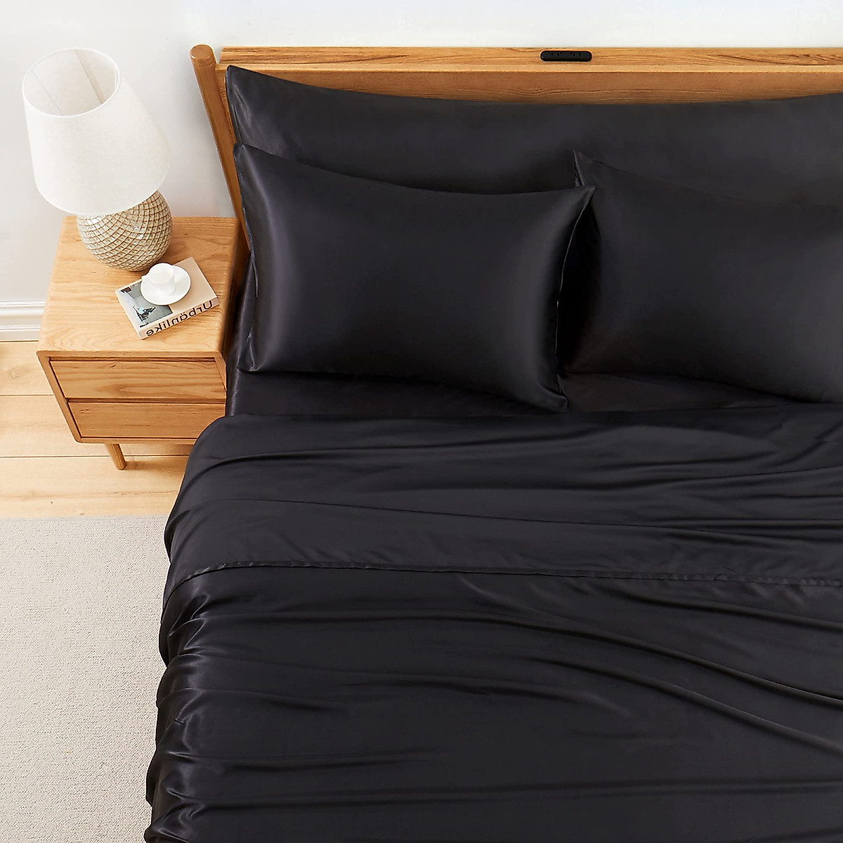 Entisn 5Pcs Black Full Size Sheet Set with Body Pillow Cover, Silky Satin Sheet Set, Luxury Bedding Sets, Breathable & Ultra Soft Bed Sheet Set Includes 1 Fitted Sheet, 1 Flat Sheet, 2 Pillowcases