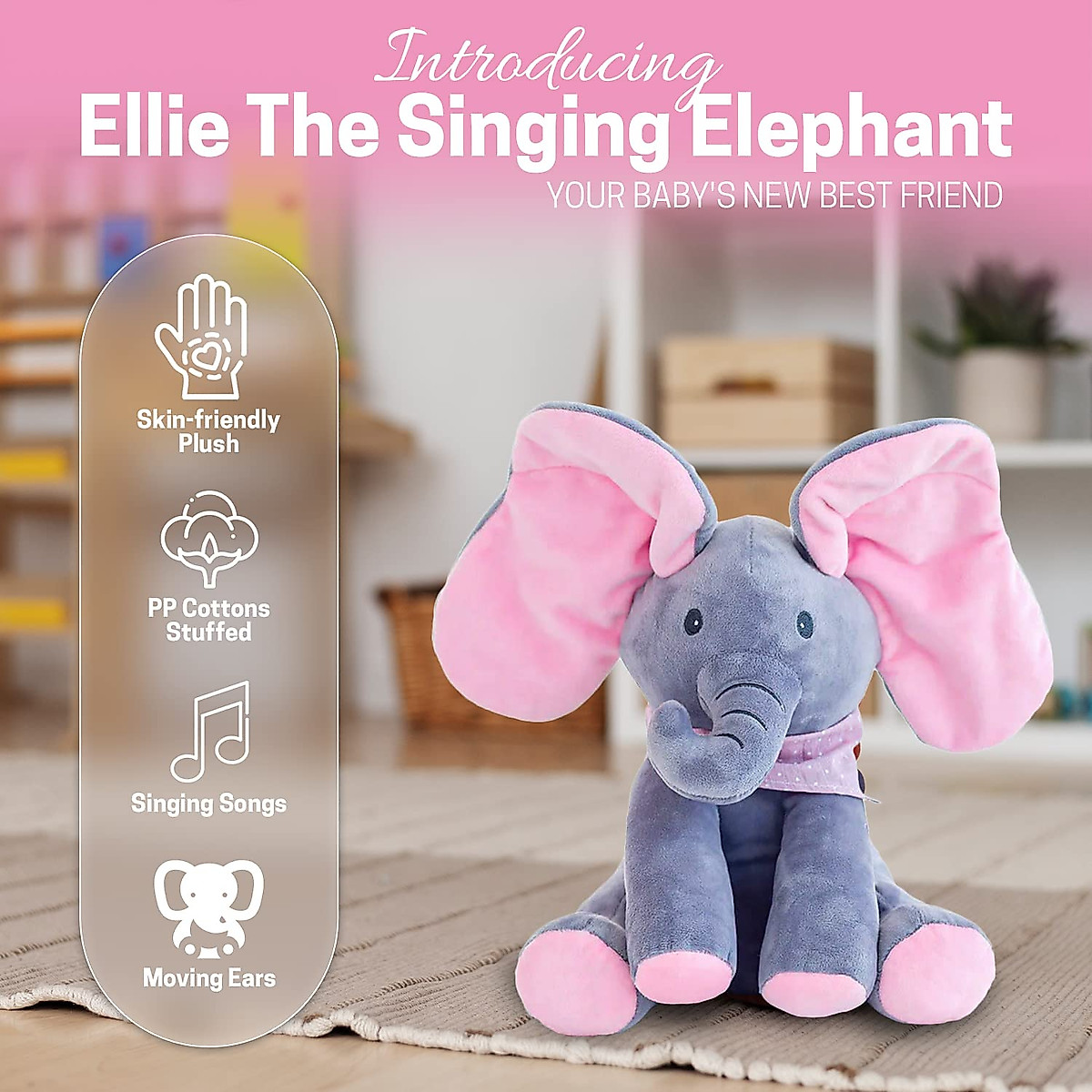 13MARCH Ellie The Elephant - Musical Peek-a-Boo Elephant Toy - Interactive Stuffed Baby Animal with Moving Ears for Baby - Hide and Seek Fun - Elephant Plush Baby Toy