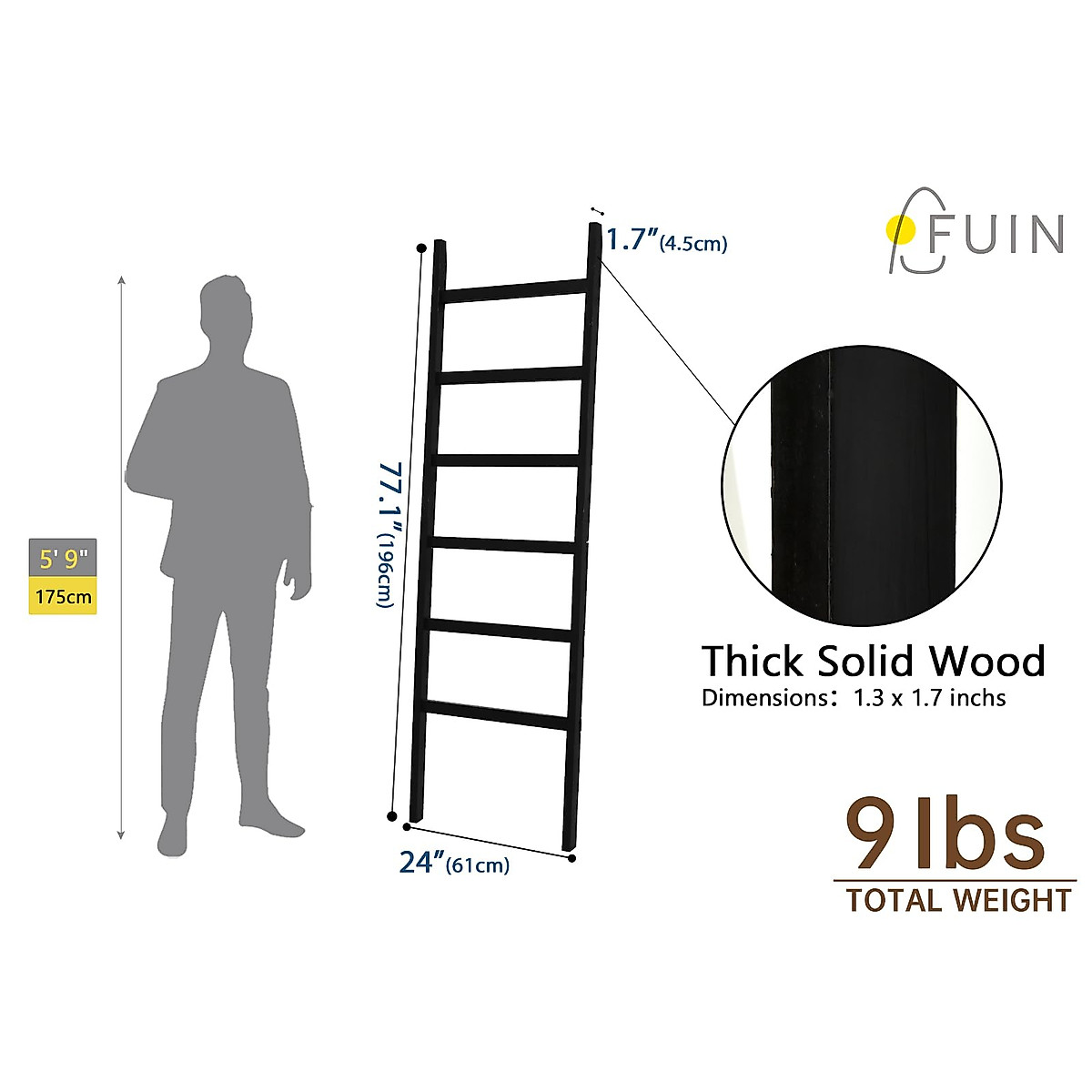 FUIN 6.4ft Extra Wide Wooden Blanket Ladder Living Room Decorative Wal Leaning Farmhouse Quilt Display Holder Rustic Wood Towel Rack for Bathroom, Black, 24 inch Wide