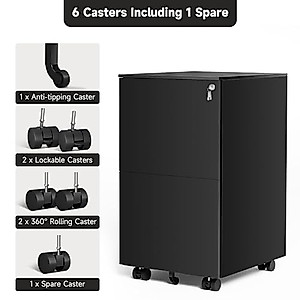 Warmiehomy Metal Mobile File Cabinets for Home Office 2 Drawer Filing Cabinet with Lock Rolling Office File Cabinet fits A4/Letter/Legal Size Fully Assembled (Black)