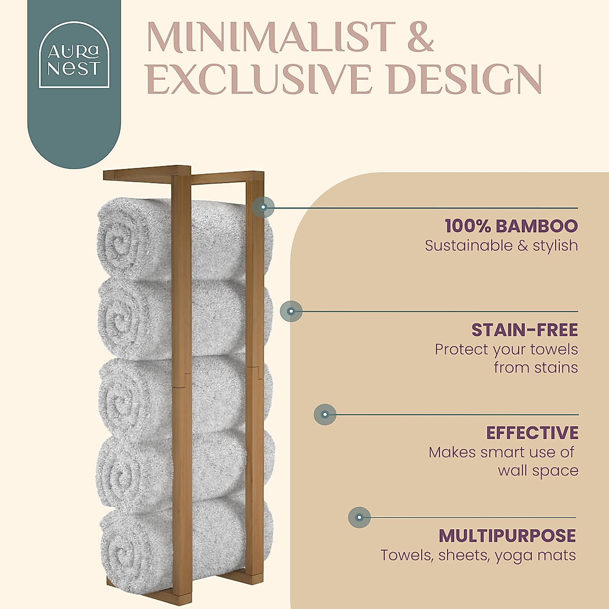 Wall Towel Rack for Rolled Towels, Bamboo Wooden Towel Racks for Bathroom Modern Wooden Towel Holder Vertical Bamboo Towel Rack Wooden Rack Guest Bath Spa Blanket Gym Mat (Natural Bamboo, Extra Large)