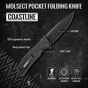 MOLSECT Coastline Pocket Folding Knife, Liner Lock EDC Knives 3.37" Satin 14C28N Blade G10 Handle, Everyday Carry Knife with Clip for Men Women Gift Outdoor Indoor Hiking Camping Fishing Work