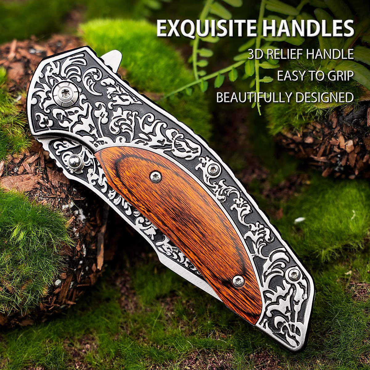 VALHALLA TREANT Pocket Knife, 3.6'' Sharp Blade Pocket Folding Knife, Cool EDC Knife with 3D Retro Embossed Pattern, Classic Pocket Knife For Men, Outdoor Camping Hiking