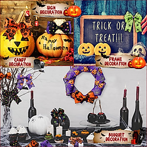 6 Rolls 30 Yards Wired Edge Ribbons - Bat Spider Web Printed Ribbons with Witch Legs, Skull, Pumpkin Designs - Perfect for Halloween Home Decor, Wreaths, DIY Crafts and Floral Bows