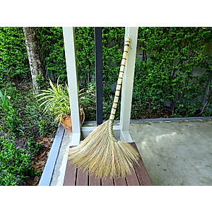 Handmade Asian Thai Broom Thick Natural Grass Brush & Handle Broomstick in Vintage Viet Whisk Straw Design