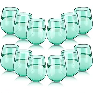 Zubebe 12 Pack 15oz Plastic Stemless Wine Glasses Bulk Colored Unbreakable Reusable Wine Glasses Shatterproof Drinking Glasses Drinkware for Indoor Outdoor Dining Wine Supplies (Green)