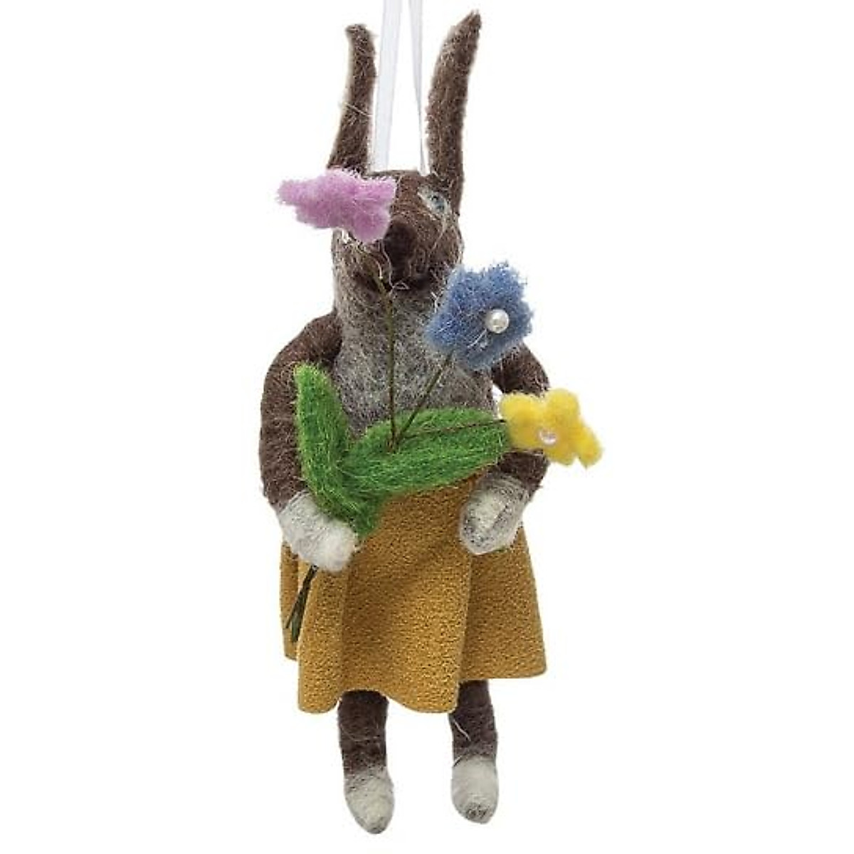 OnHoliday Wool Felt Bunny Rabbit in Skirt with Flowers Hanging Christmas Tree Ornament
