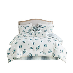 Harbor House Cozy Cotton Comforter Set - Coastal, All Season Down Alternative Casual Bedding with Matching Shams, Decorative Pillows, Beach House, Reversible Seashell Blue Twin(72"x90") 3 Piece